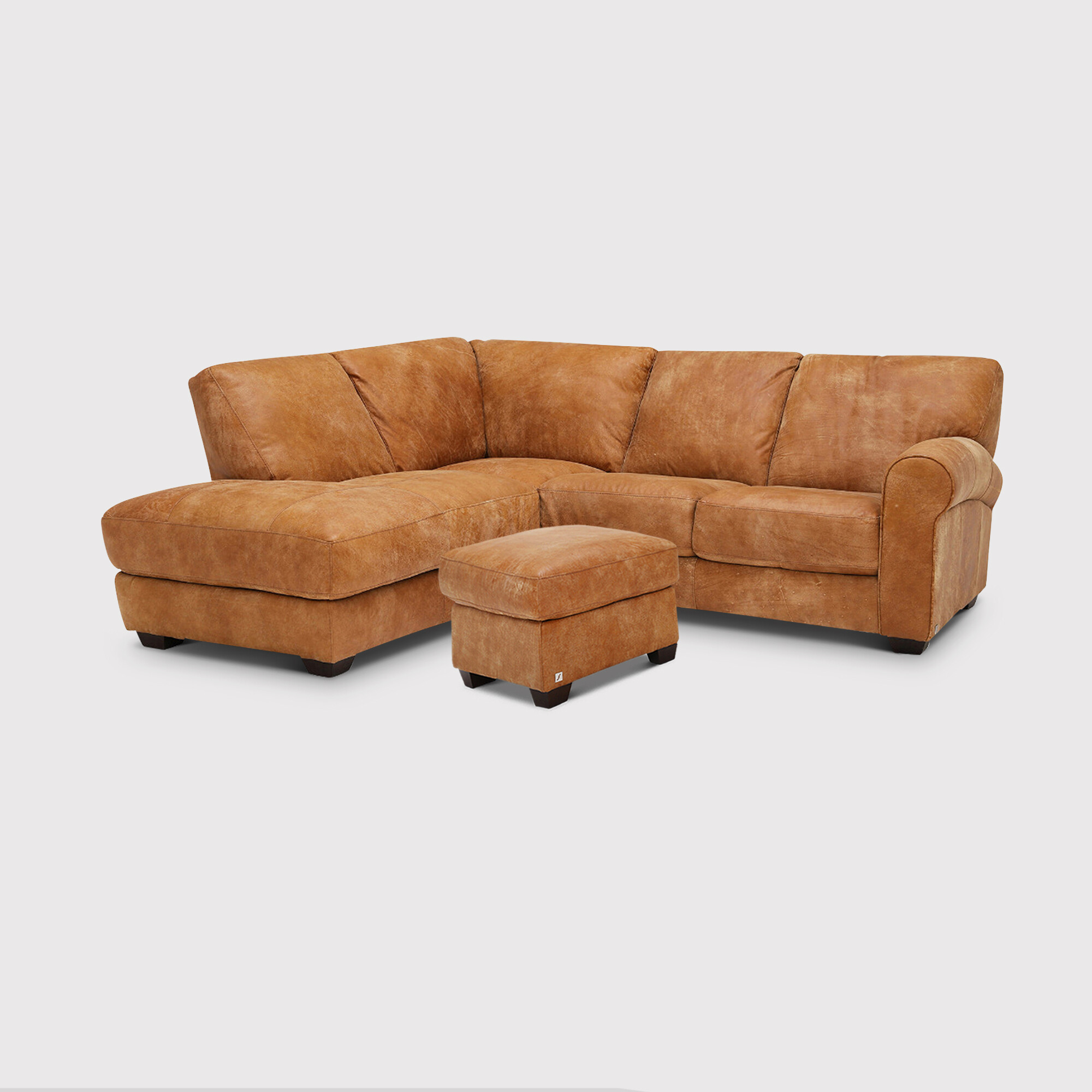 Houston Medium Leather Corner Sofa with Left Facing Chaise and Footstool, Ranch Tan Brown ...
