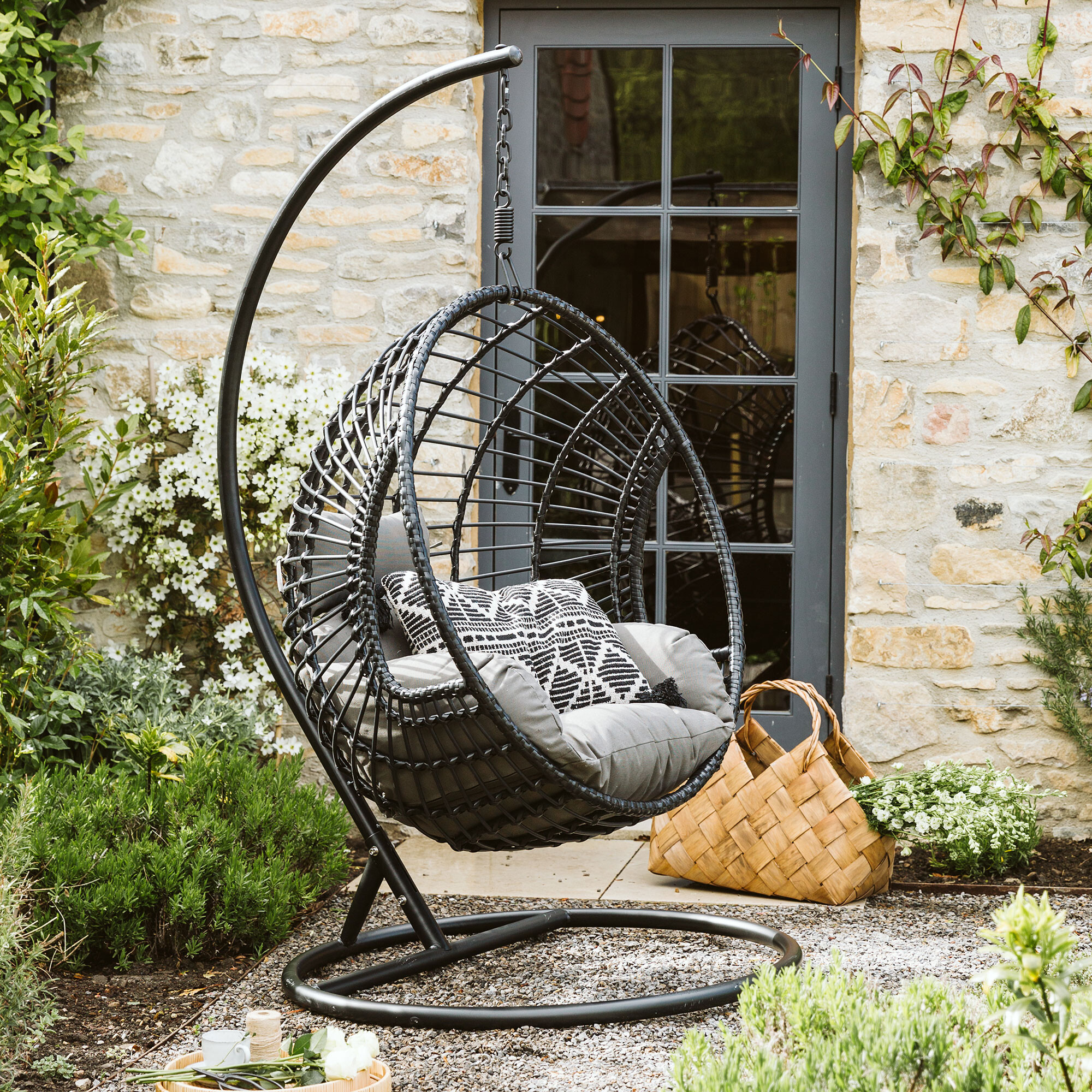 Castello Black Garden Swing Egg Chair with Black Frame, Black - Barker ...