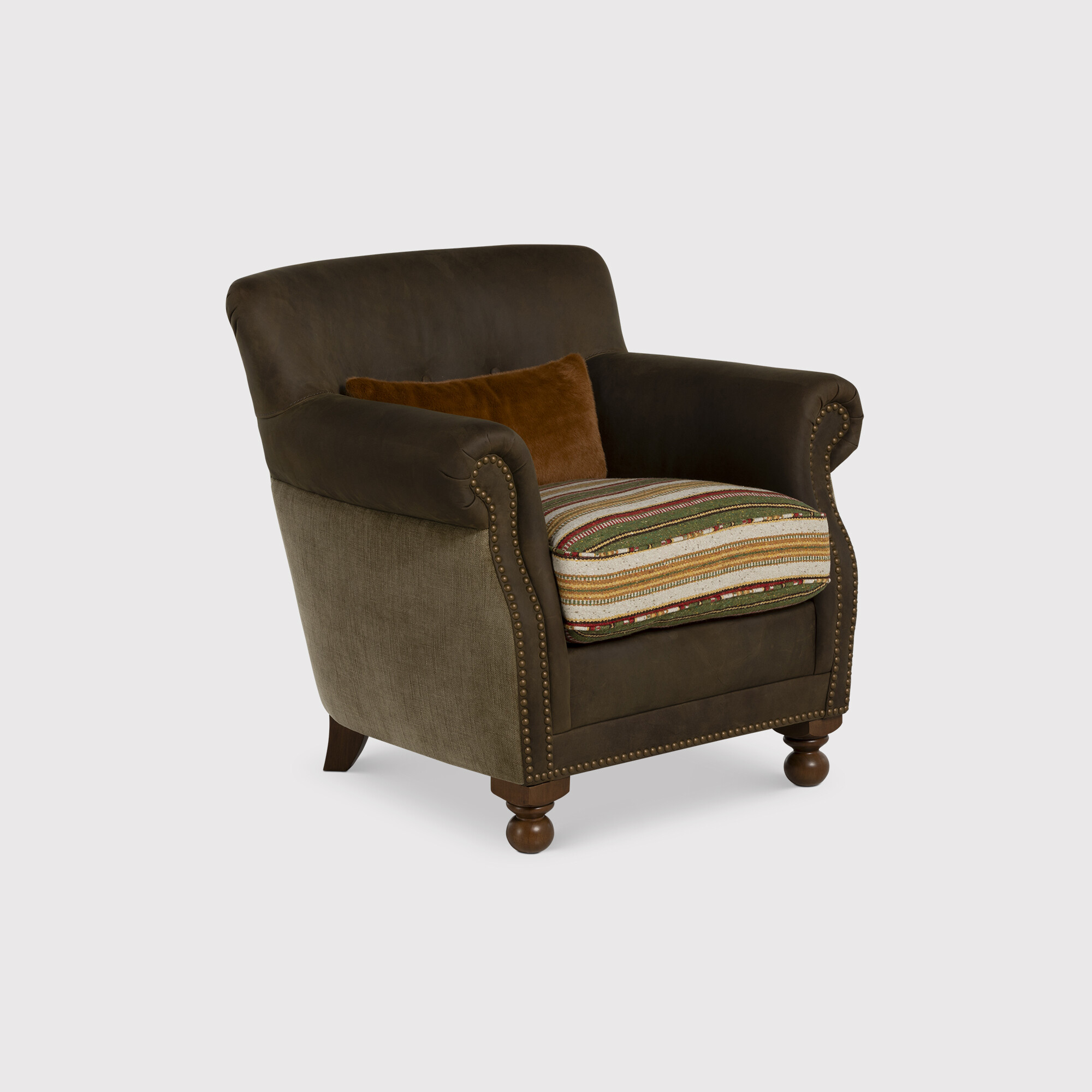 Bertie Leather Armchair with Fabric Seat, Dalton & Claret, Dark Wood ...