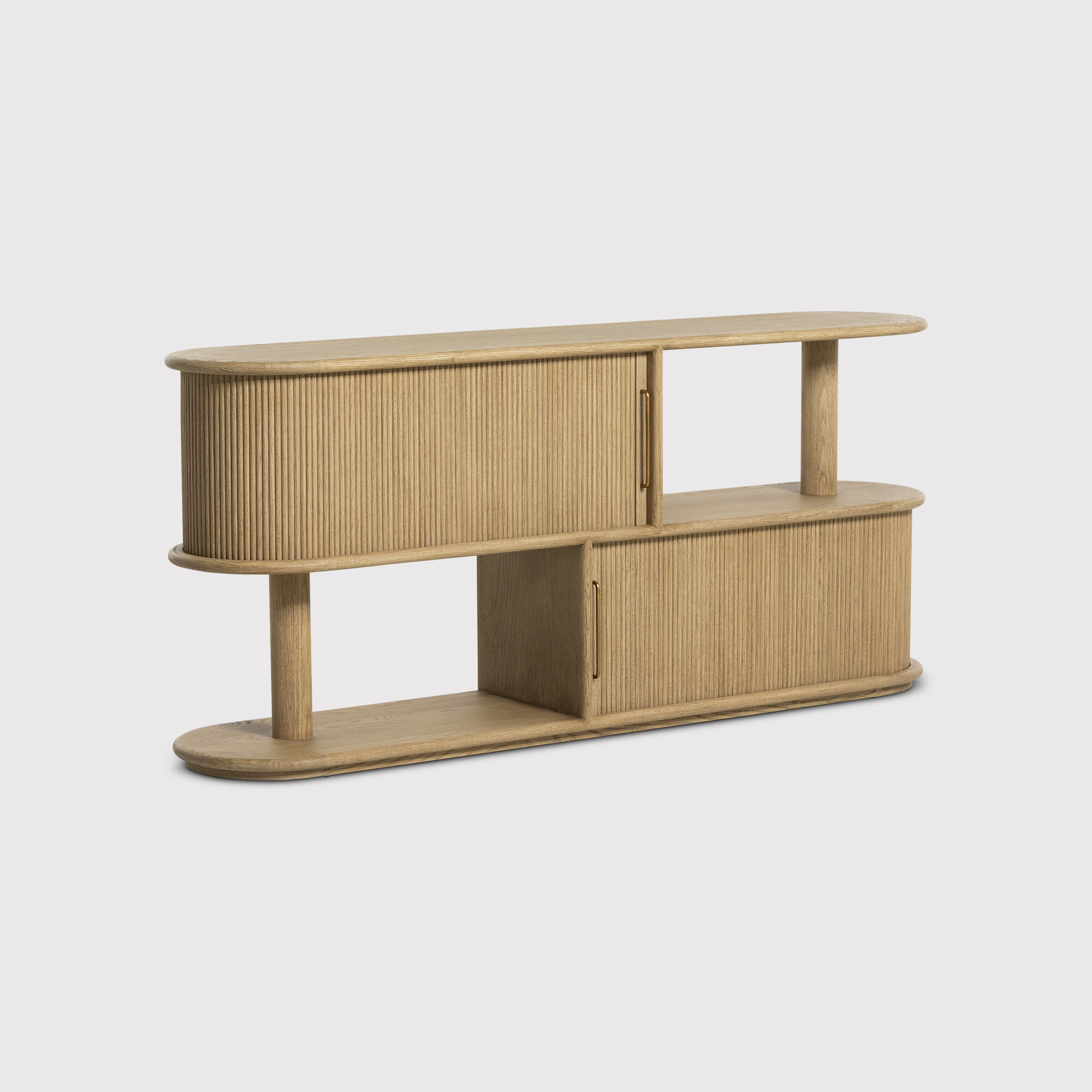 Coltrane Oak Wood Low Rack with Sliding Doors on Shelf, Bleached Honey Oak and Light Brass ...