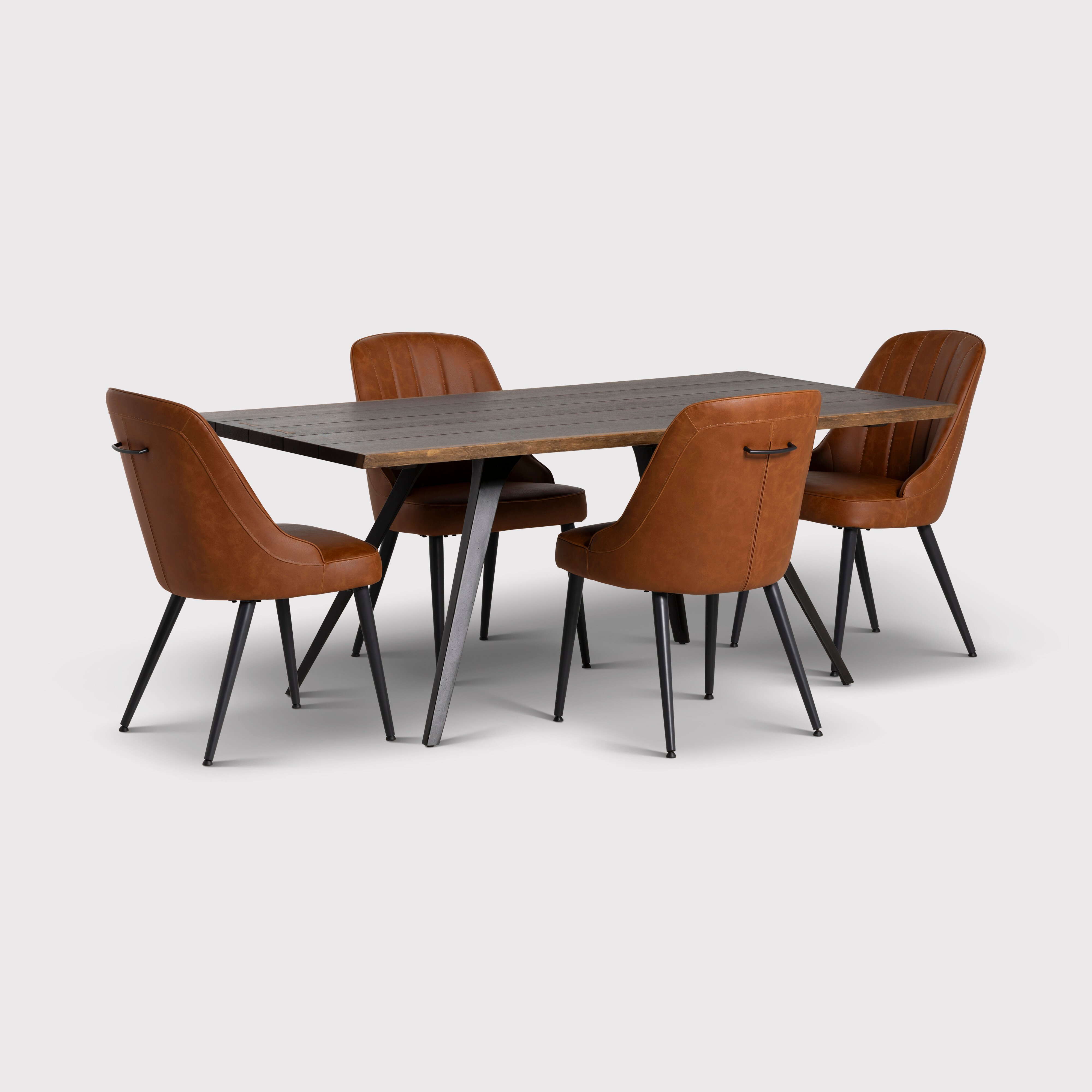 Vega Seared Oak 180cm Dining Table and 4 Brockwell Brown Faux Leather Dining Chairs, Seared Oak ...