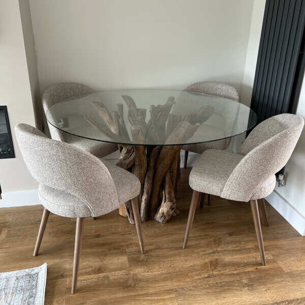 Whinfell Round Glass Top and Teak Root Wood Base 130cm Dining Table ...