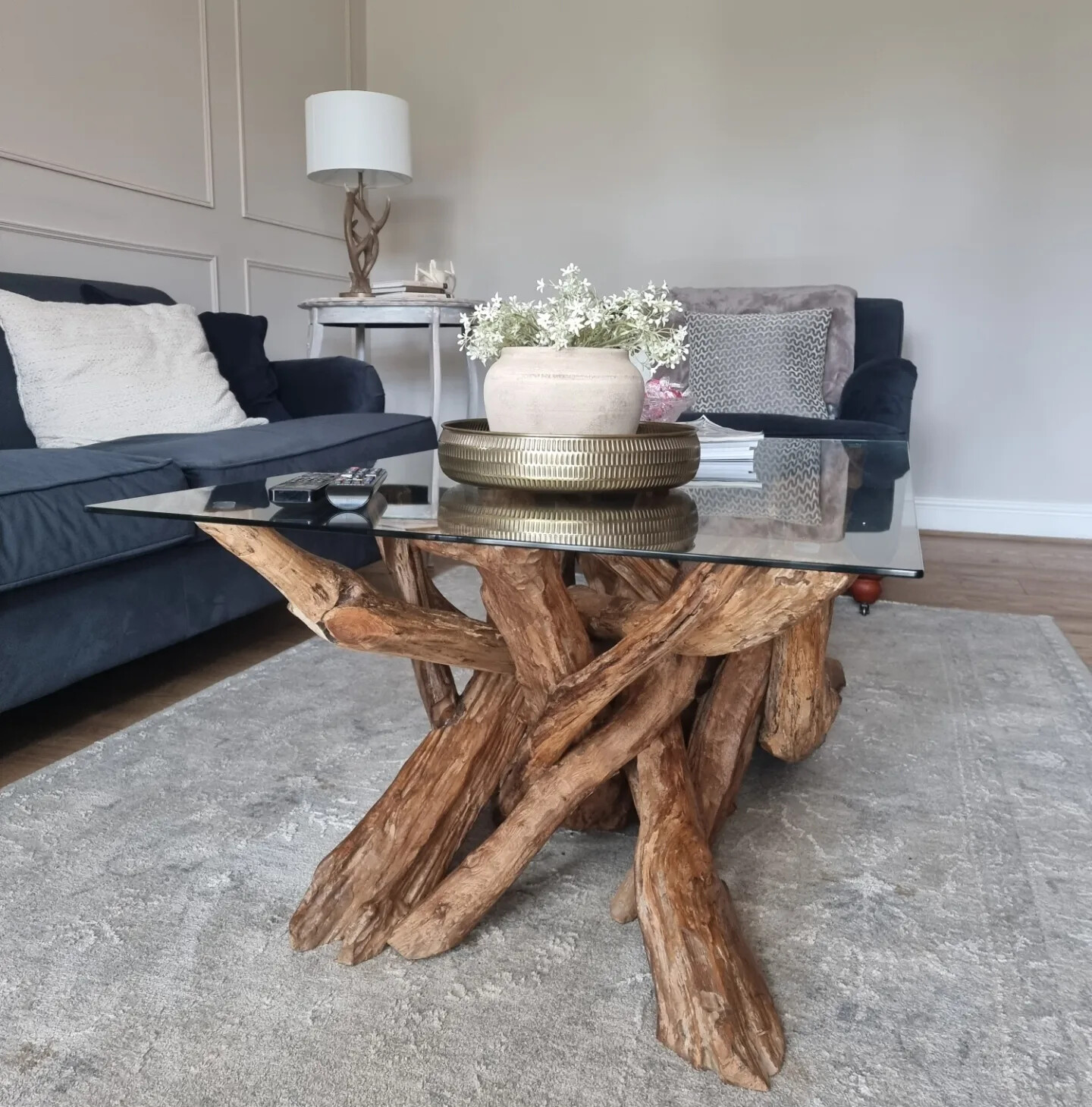 Whinfell Rectangular Coffee Table, Reclaimed Teak Root, Glass and Light ...