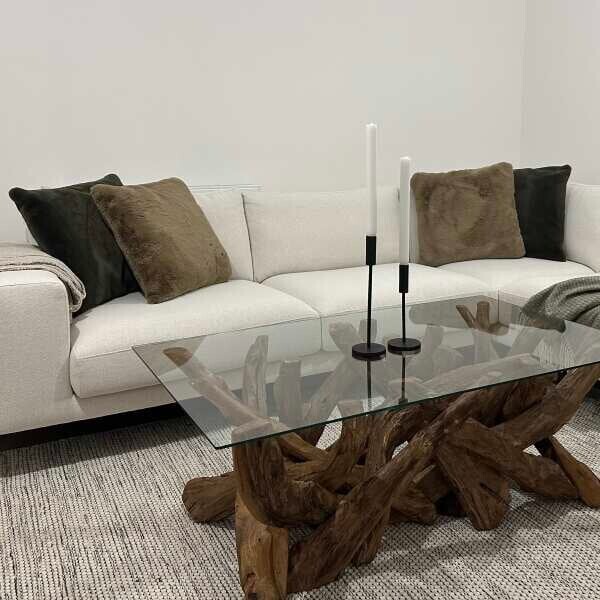 Whinfell Rectangular Coffee Table, Reclaimed Teak Root, Glass and Light ...