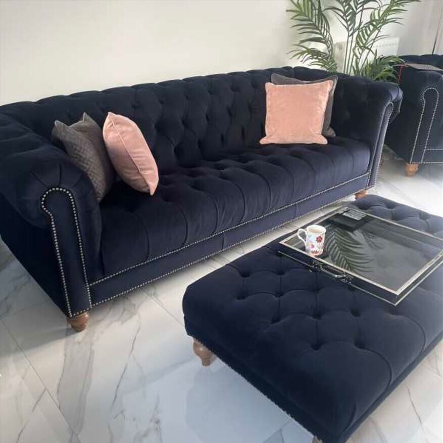 Ullswater Velvet Chesterfield Buttoned Rectangular Footstool, Ink Blue ...