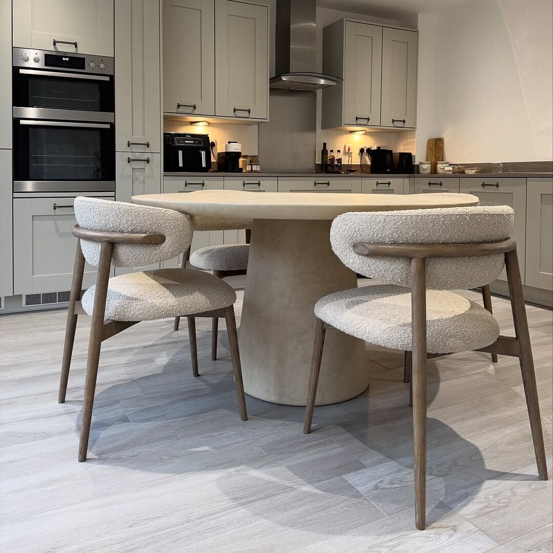 Capella Neutral Faux Stone Pedestal Round Dining Table, 140cm, Light Sand - Barker & Stonehouse